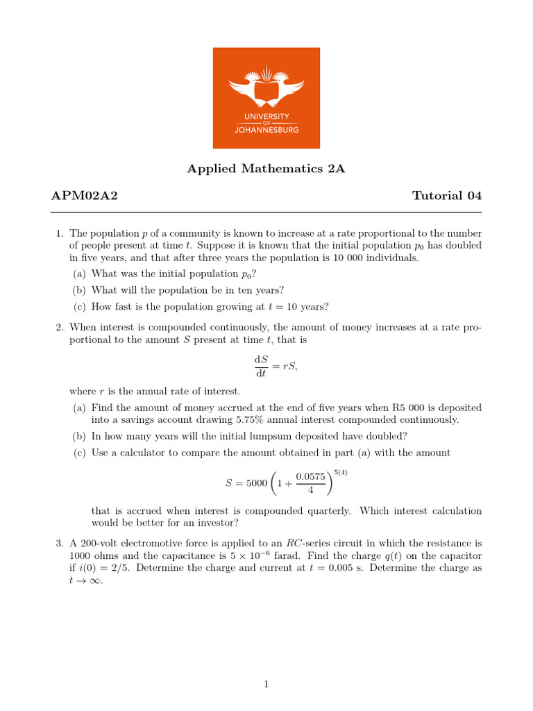 Applied Mathematics 2A: Population & Interest Models | PDF | Interest ...