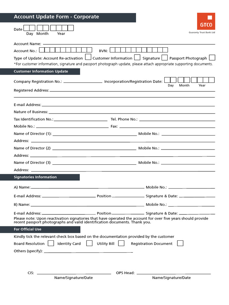 Corporate Account Update Form | PDF