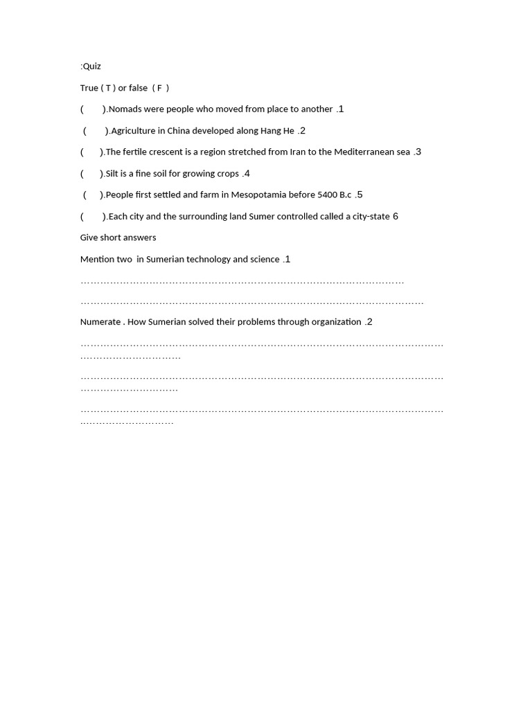 Sumerian Civilization Quiz: True/False & Short Answers | PDF