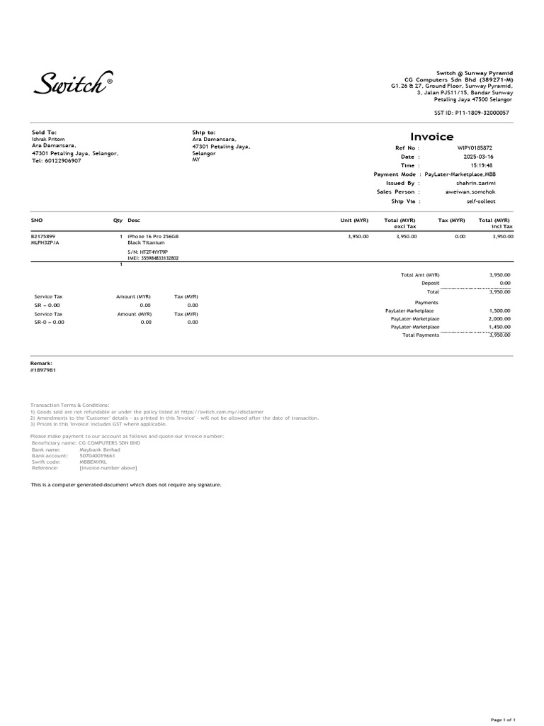 iPhone 16 Pro Max Invoice Details | PDF | Payments