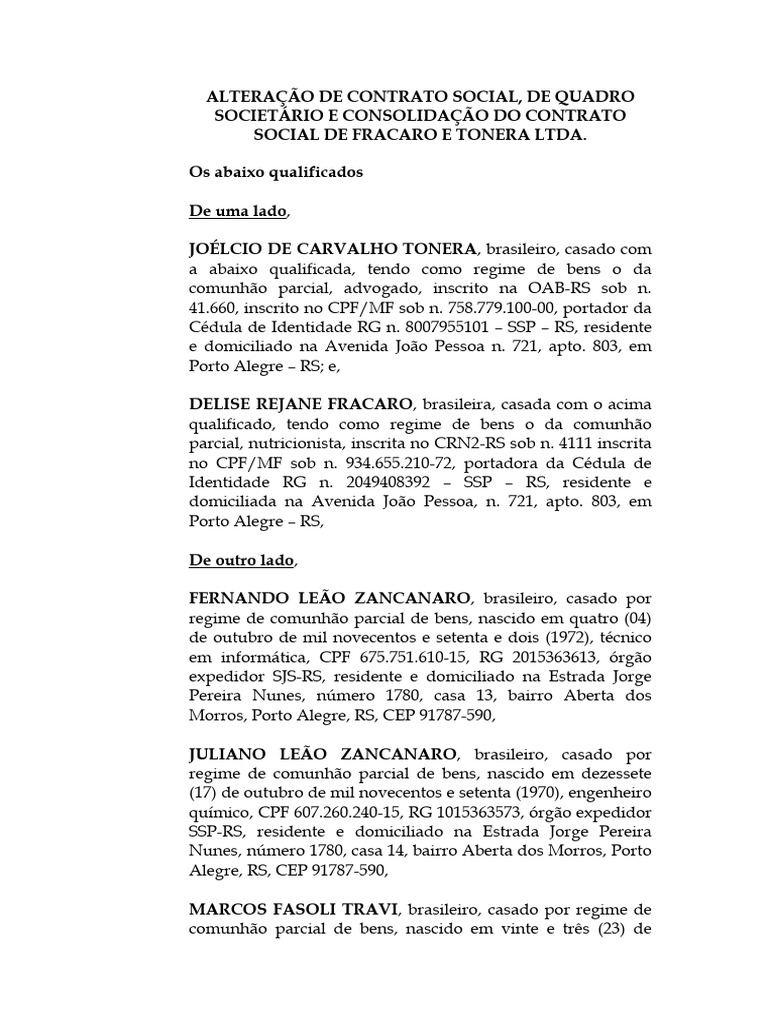 Alteração Contratual da Fracaro e Tonera | PDF | Balancete ...