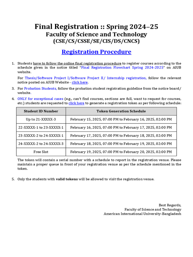 FST Final Registration Instructions and Guidelines Spring 24 25 | PDF