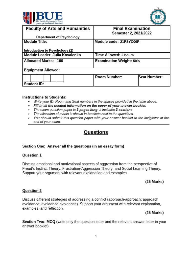 Psychology Exam: Aggression & Motivation | PDF | Emotions ...