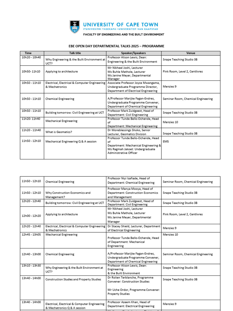 Ebe Open Day Talks Programme and Venues 2025 | PDF | Engineering | Science
