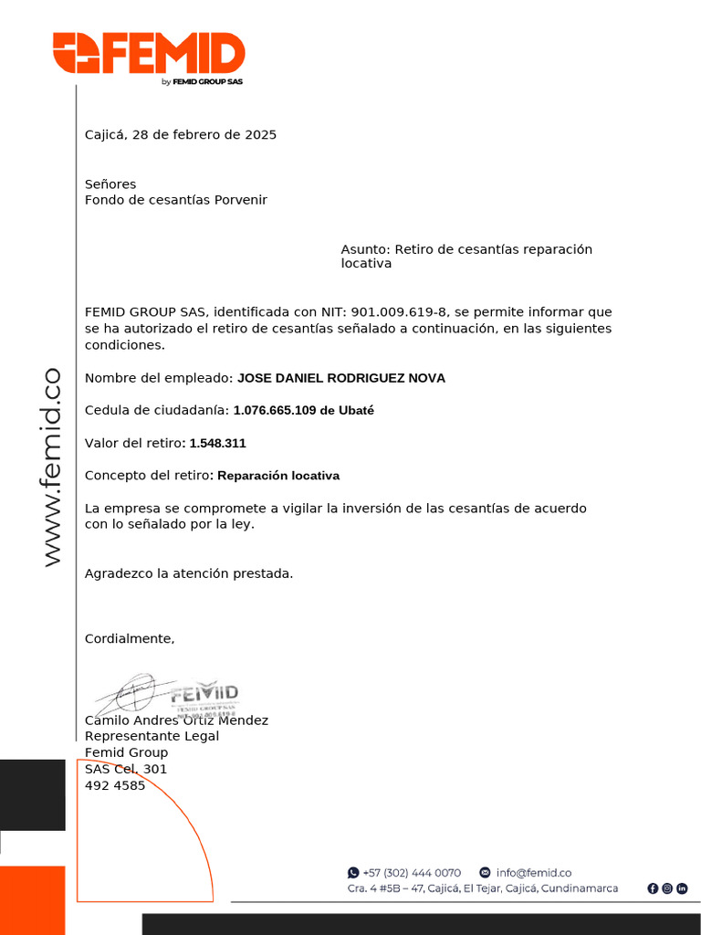 Carta de Retiro de Cesantías | PDF