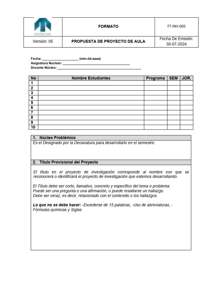 FT-InV-005 Formato Propuesta Proyectos de Aula | PDF