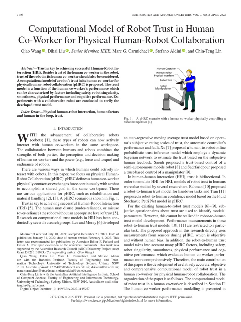 Computational Model Of Robot Trust In Human Co Worker For Physical Human Robot Collaboration Pdf