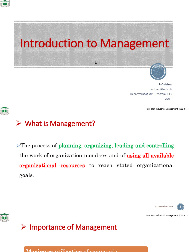 Introduction To Management Lec 1 | PDF | Skill | Efficiency