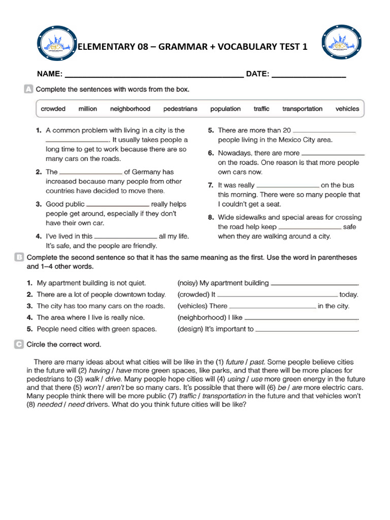 Grammar Evaluation 01 - Basic 8 - Test 1 | PDF