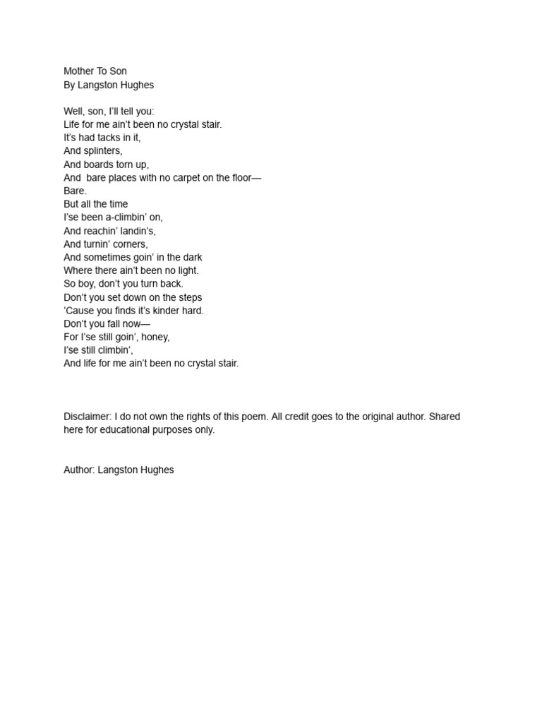 Mother to Son by Langston Hughes (for Educational Purposes Only) | PDF