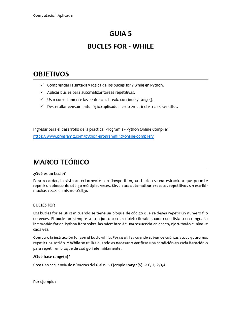 Guia 5 Bucles FOR y While g13 | PDF | Programa de computadora | Programación