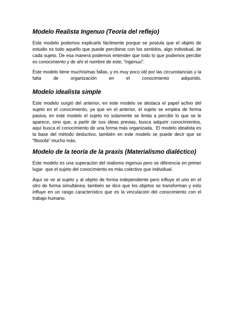 Modelos de Conocimiento: Realista e Idealista | PDF