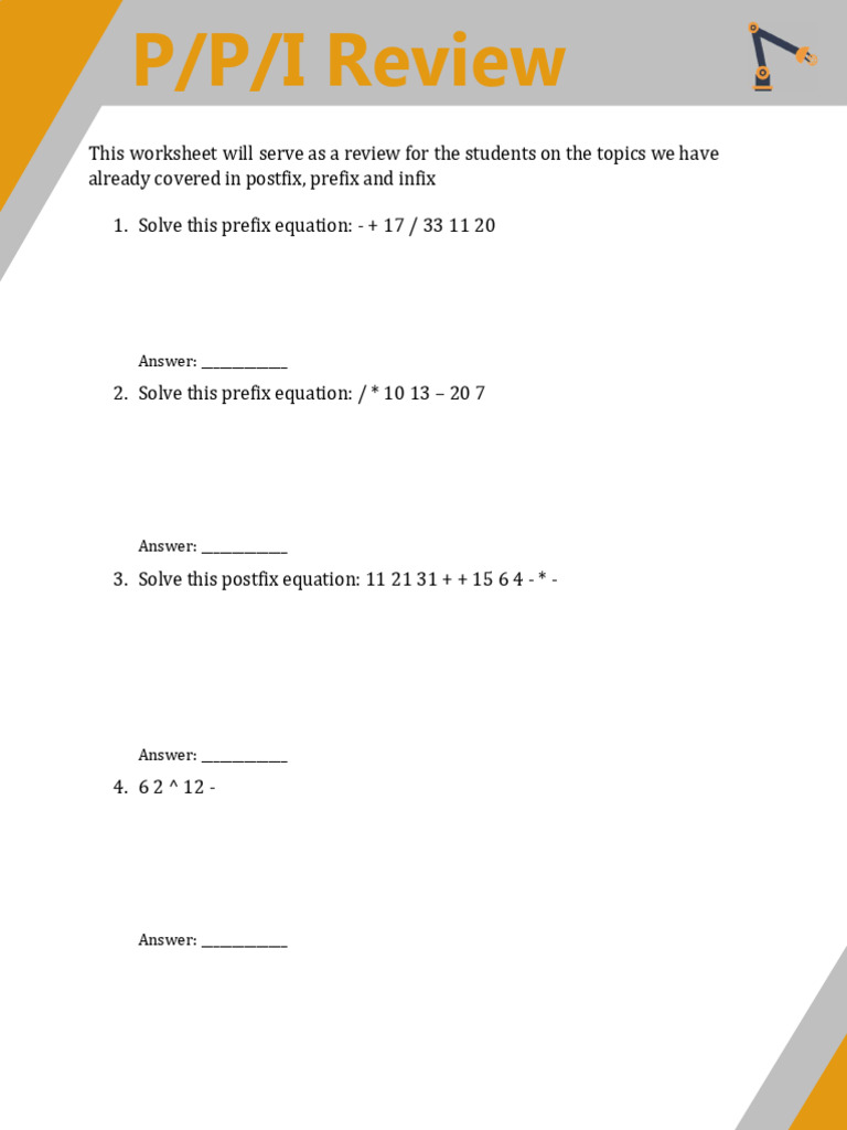 Prefix Postfix Infix Review Worksheet | PDF