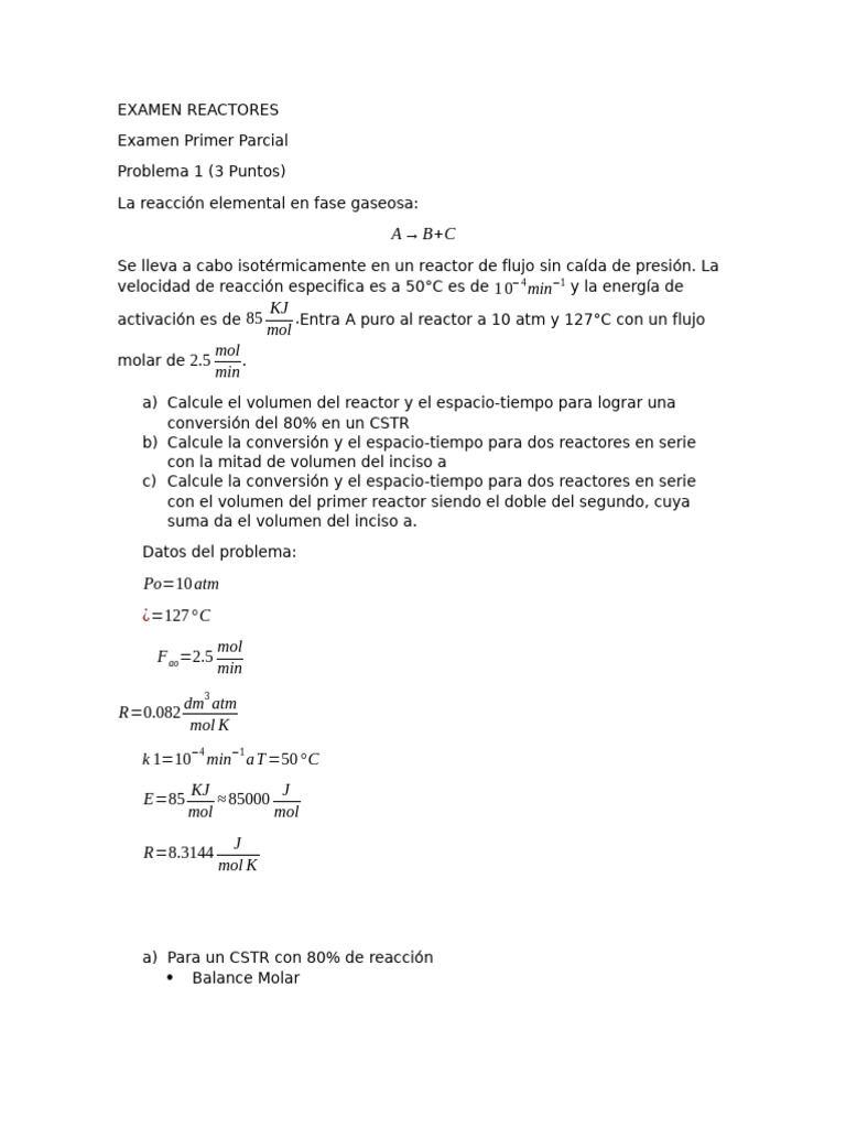 EXAMEN REACTORES | PDF | Reactor Quimico | Metrología
