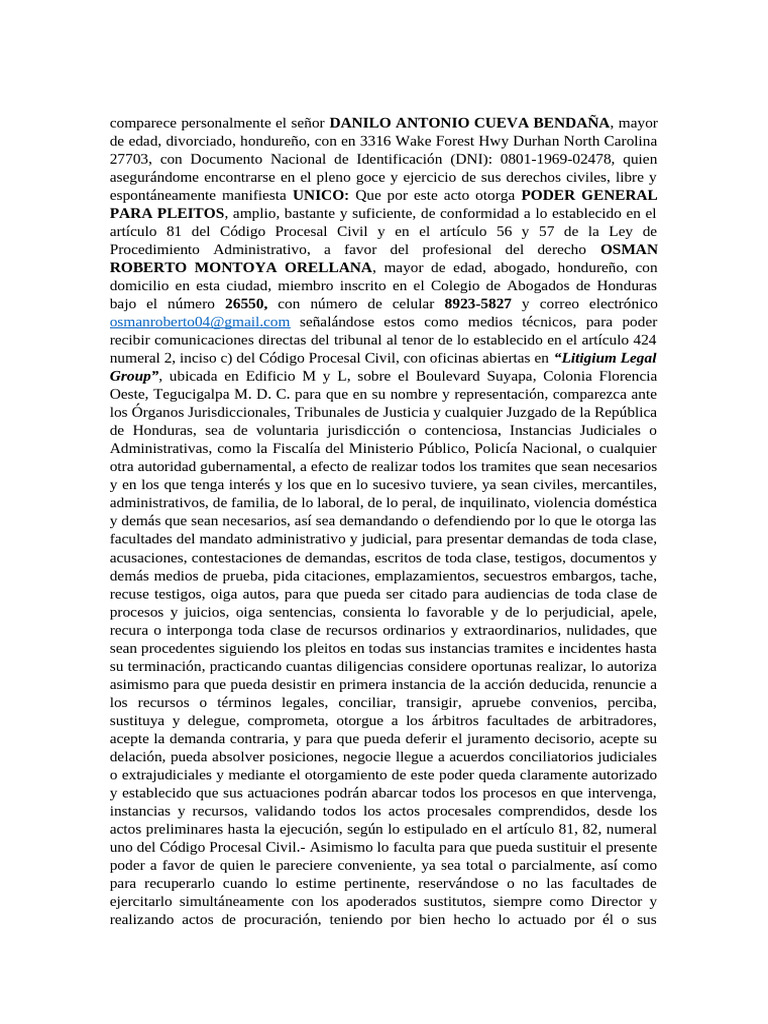 Poder para Pleitos Danilo Antonio Cueva Bendaña | PDF | Ley procesal | Gobierno