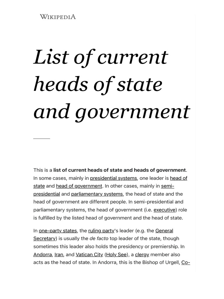 Current Heads of State and Government | PDF | Heads Of State | Politician