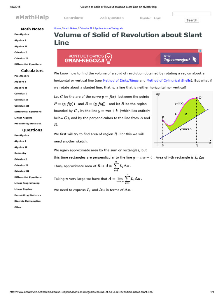 Volume - Solid of - Revolution - Around - Slant - Line | PDF | Calculus ...