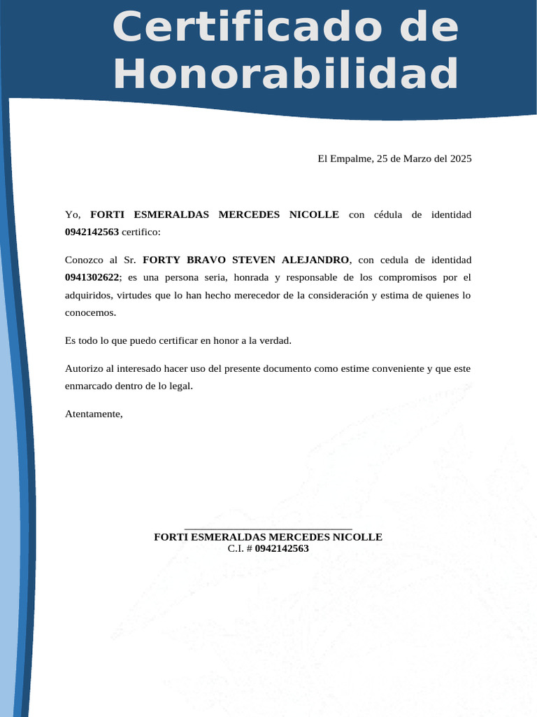 CERTIFICADO DE HONORABILIDAD QUINTO BARRE JOSTYN ISMAEL | PDF