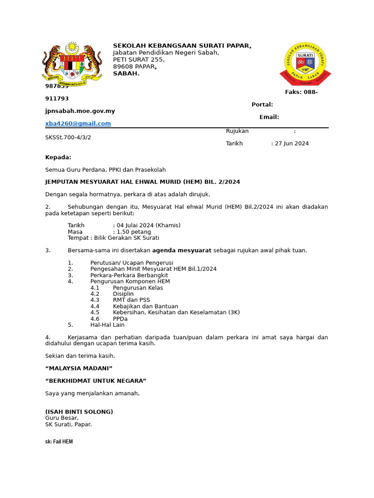 Jemputan Mesyuarat HEM SK Surati | PDF