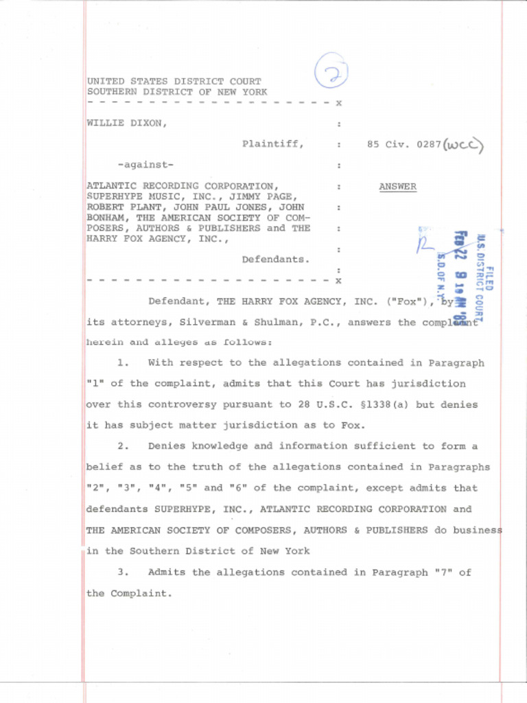 Willie Dixon V Led Zeppelin Whole Lotta Love' Lawsuit Answer (Doc 2) | PDF