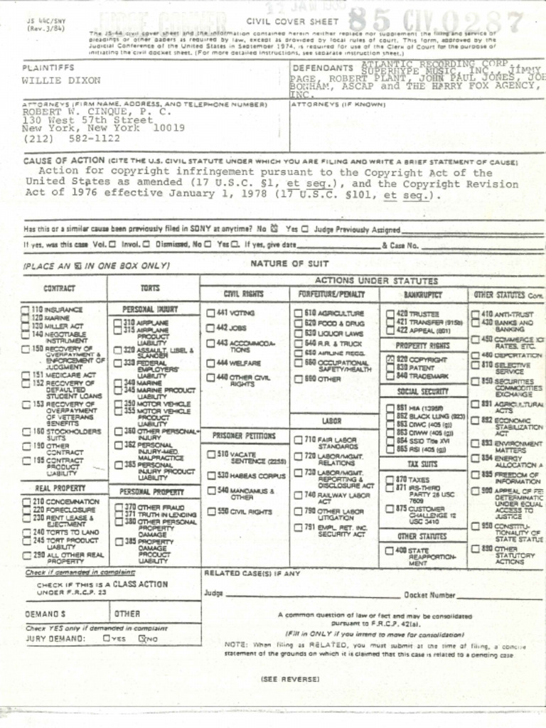 Willie Dixon V Led Zeppelin Whole Lotta Love' Lawsuit Civil Cover Sheet ...