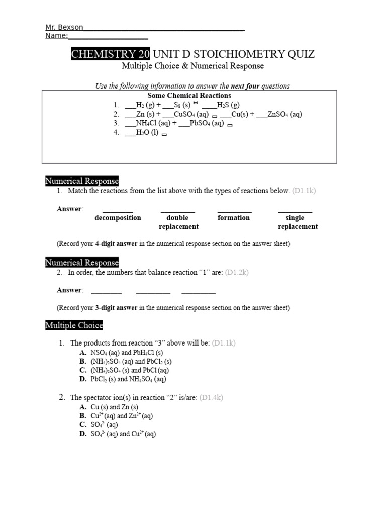 293639413 Chemistry 20 Unit d Stoichiometry Quiz Questions | PDF ...