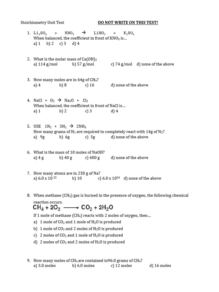 Stoichiometry Unit Test | PDF | Sodium | Mole (Unit)