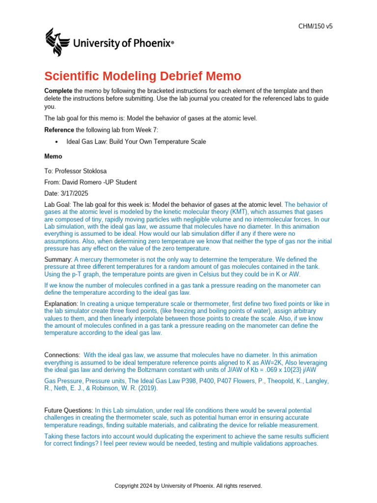 chm150 v5 wk7 Debrief Memo Template | PDF | Gases | Temperature