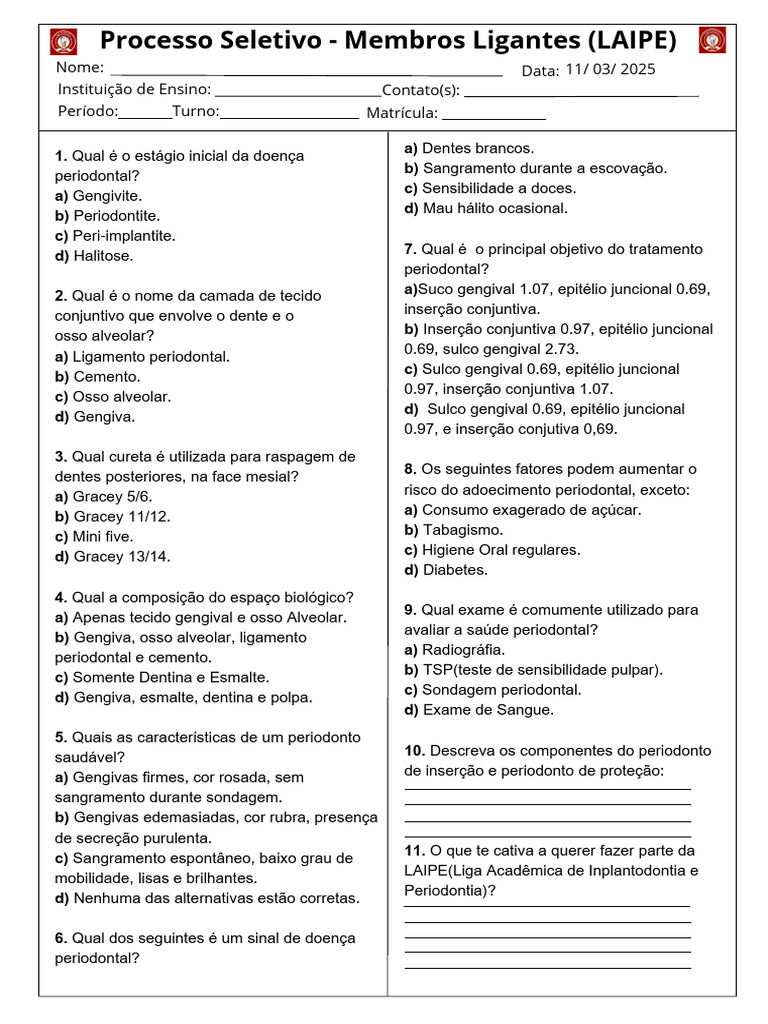Prova de Perio | PDF | Anatomia dental | Odontologia
