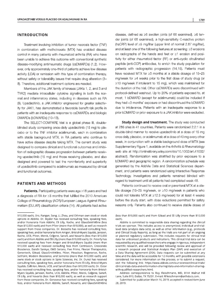 Fleischmann Upadacitinib Vs Placebo in Rheumatoid Arthritis EXERCISE 2 | PDF