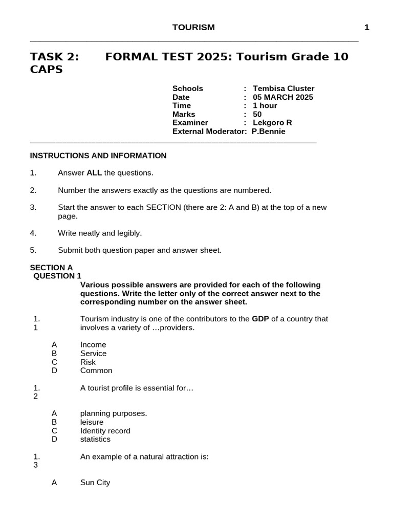 QP GR 10 Task 2 2025 Final | PDF | Tourism