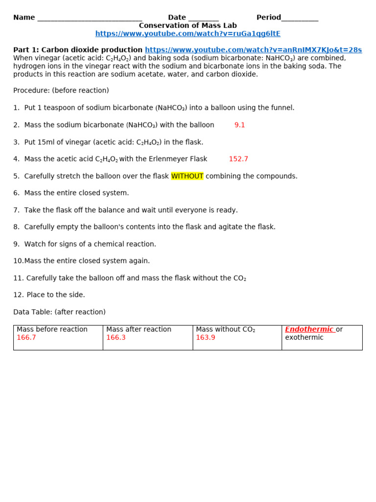 Conservation of Mass Lab Results | PDF | Sodium Bicarbonate | Chemical ...