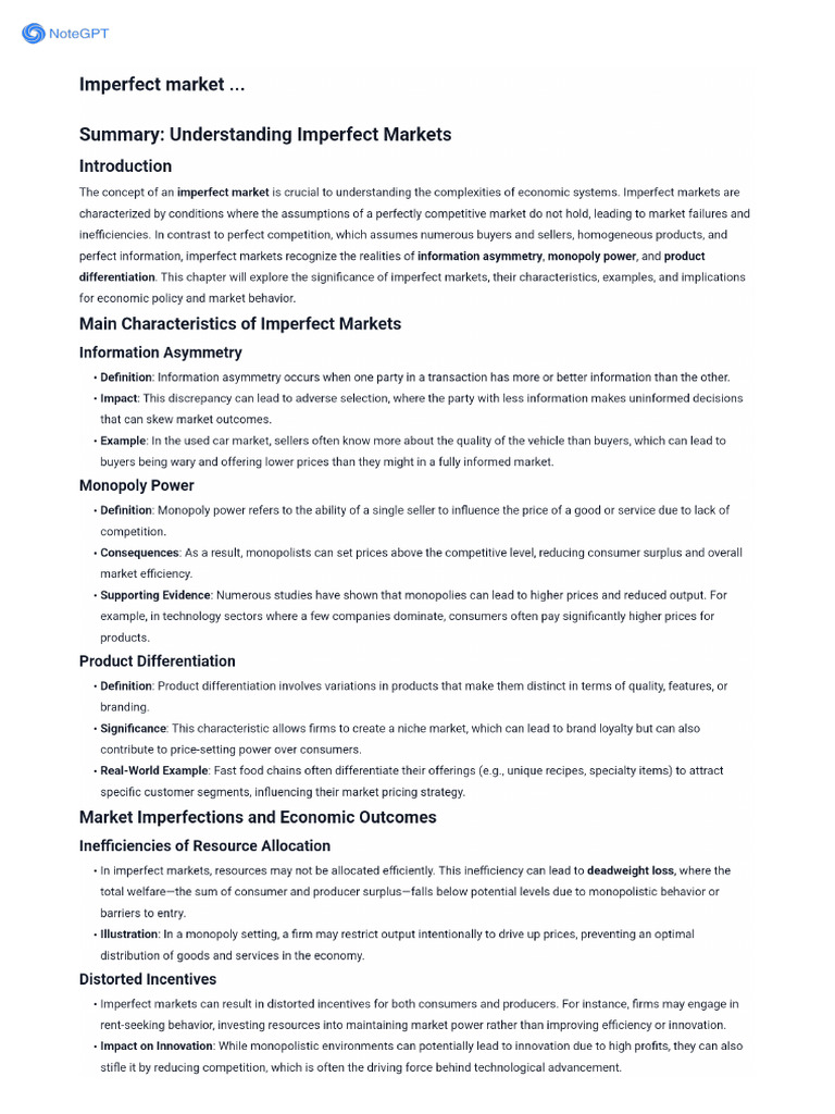 NoteGPT - Summary - Imperfect Market ... | PDF