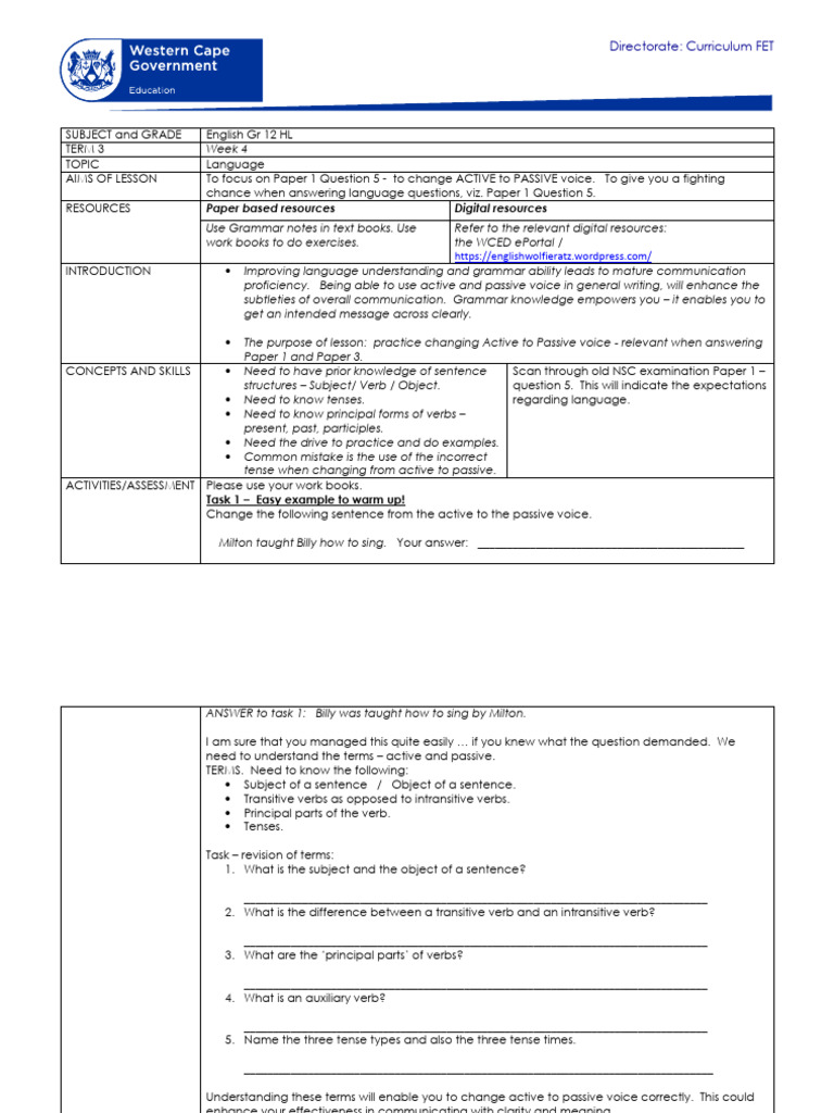 English HL Grade 12 Term 3 Week 4 - 2020 | PDF | Verb | Grammatical Tense