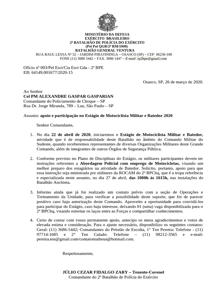 Oficio 003 - Solicitacao e Convite 2BPChq Batedor 2020 | PDF | Polícia | Batalhão