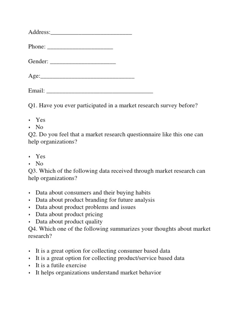 Market Research Questionnaire Sample | PDF