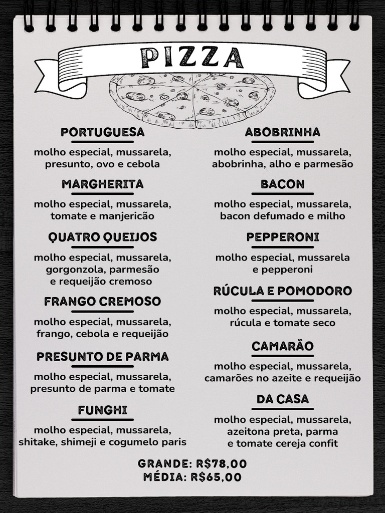 Cardápio para Pizzaria Minimalista Clássico Preto e Branco | PDF