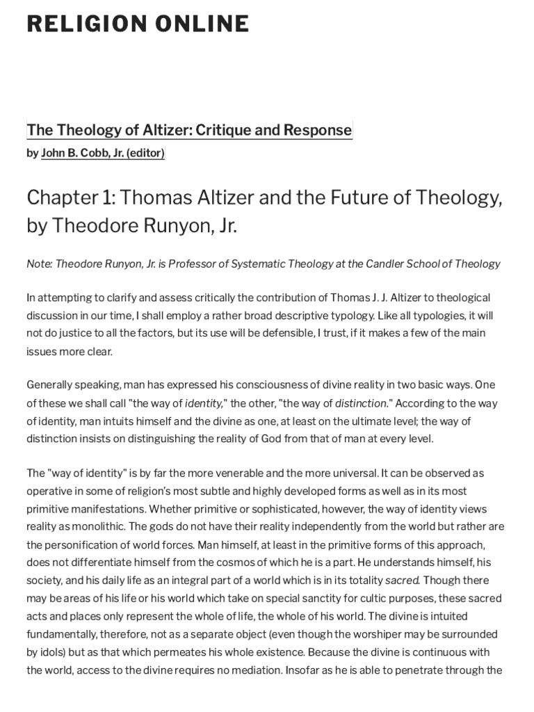 Chapter 1 - Thomas Altizer and The Future of Theology, by Theodore ...