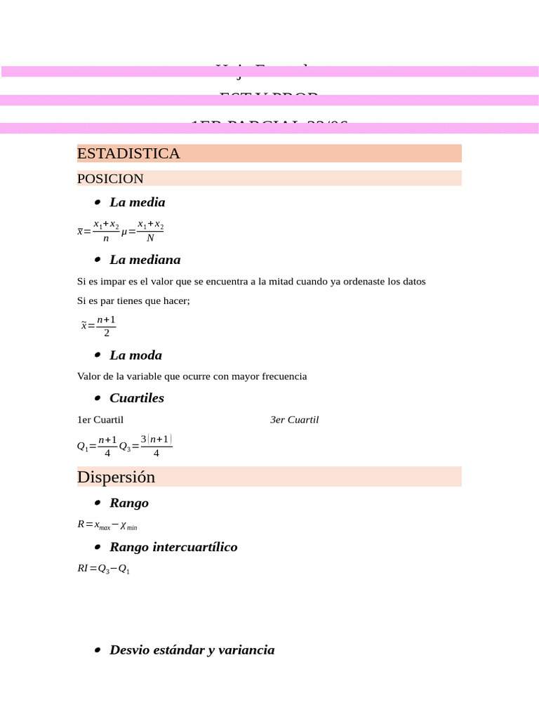 Hoja Formulas Prob y Est 1 Parcial | PDF
