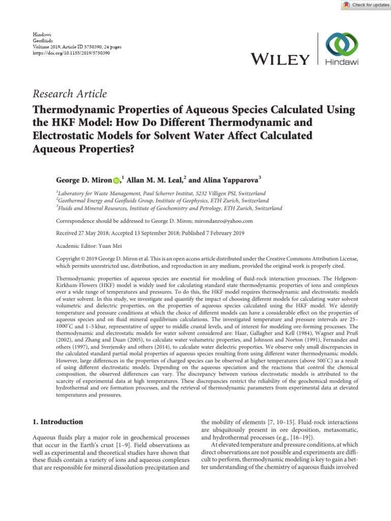 Geofluids - 2019 - Miron - Thermodynamic Properties of Aqueous Species Calculated Using The HKF ...