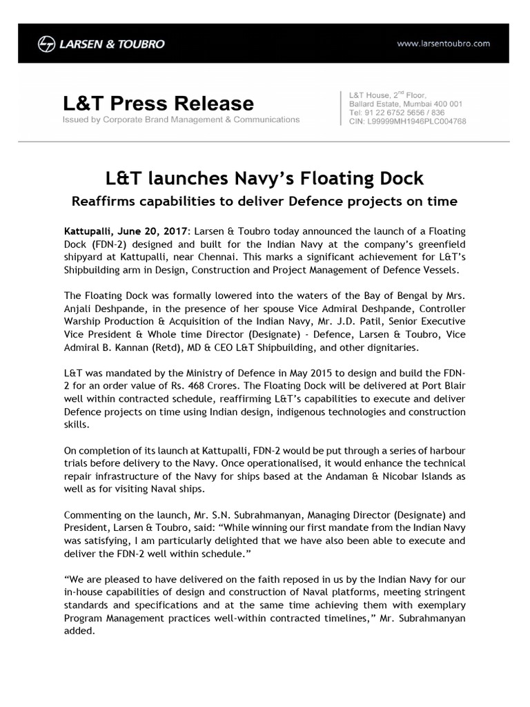 2017 06 20 LT Launches Navy S Floating Dock | PDF | Warships | Watercraft