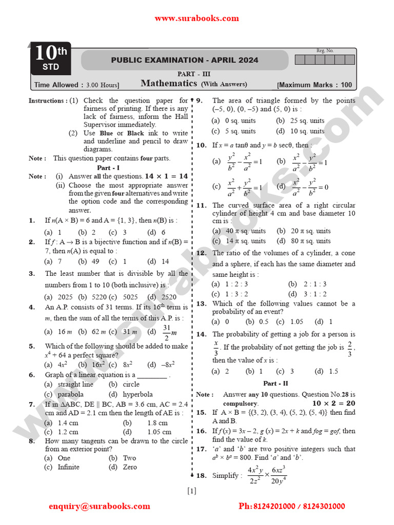 10th Maths Public Exam Answer Key 2024 | PDF | Sphere | Area