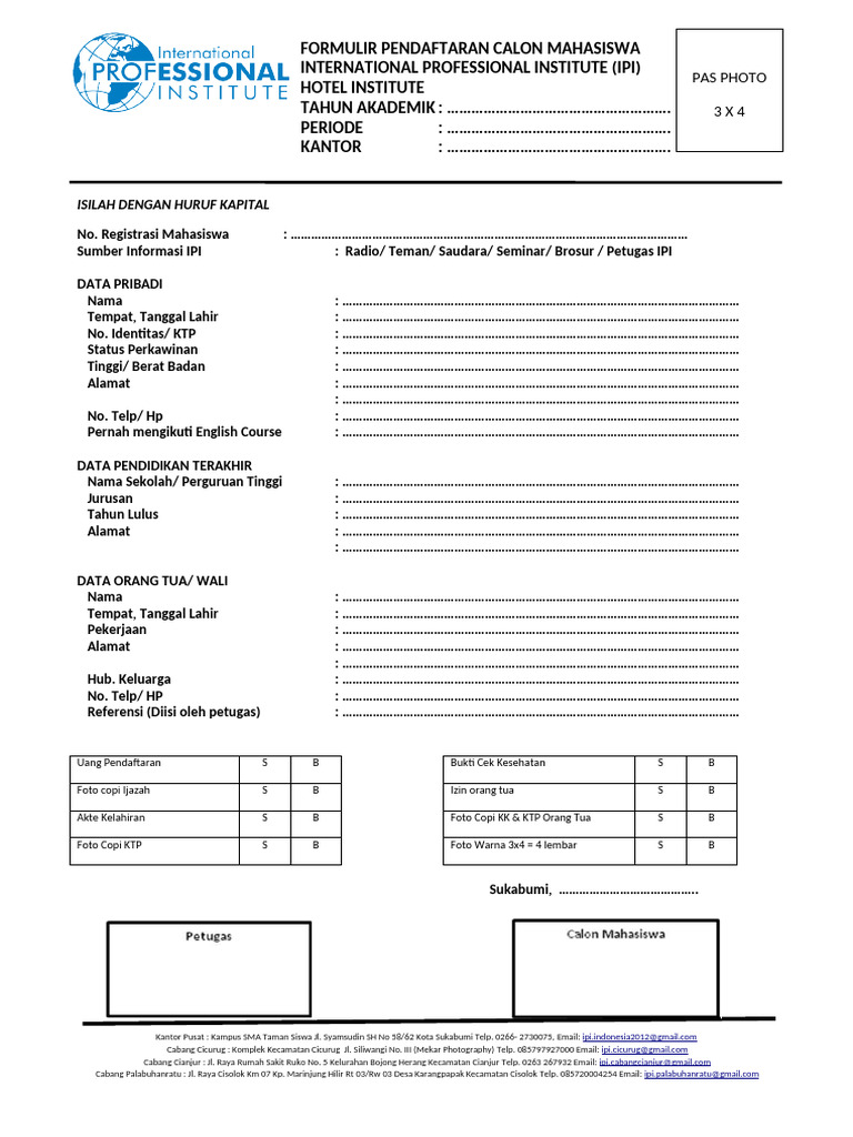 Formulir Pendaftaran Mahasiswa IPI | PDF