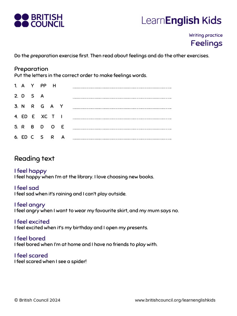 LearnEnglishKids Writing Practice Level 1 Feelings | PDF