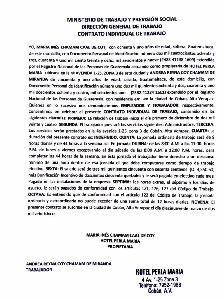 Contrato de Trabajo: Andrea Coy | PDF | Tiempo de trabajo | Guatemala