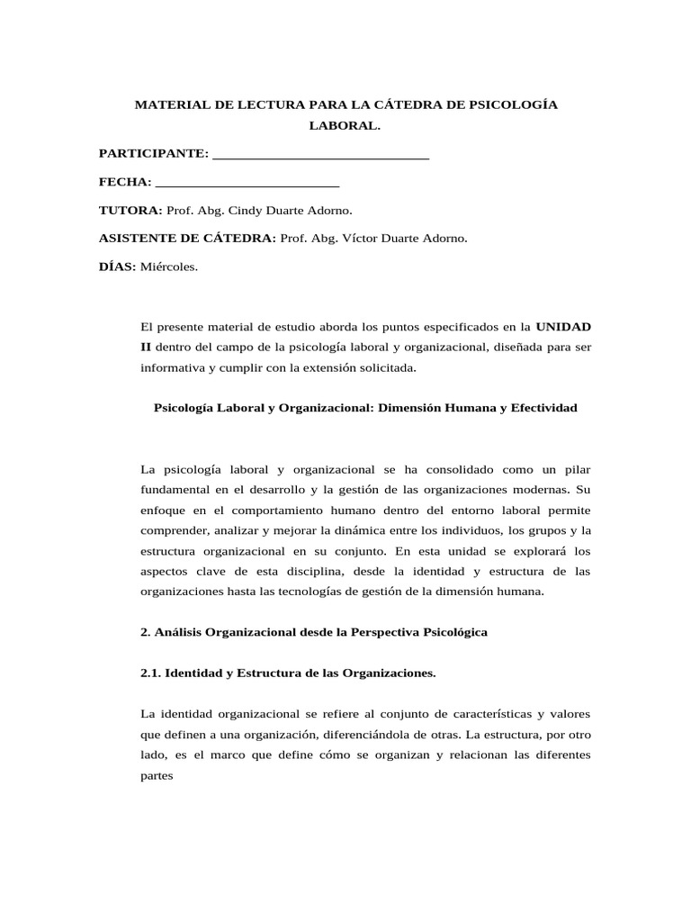 Psicolog-A Laboral SANTO TOM-S Cindy y V-Ctor Duarte Adorno UNIDAD II 2025 | PDF | Psicología ...