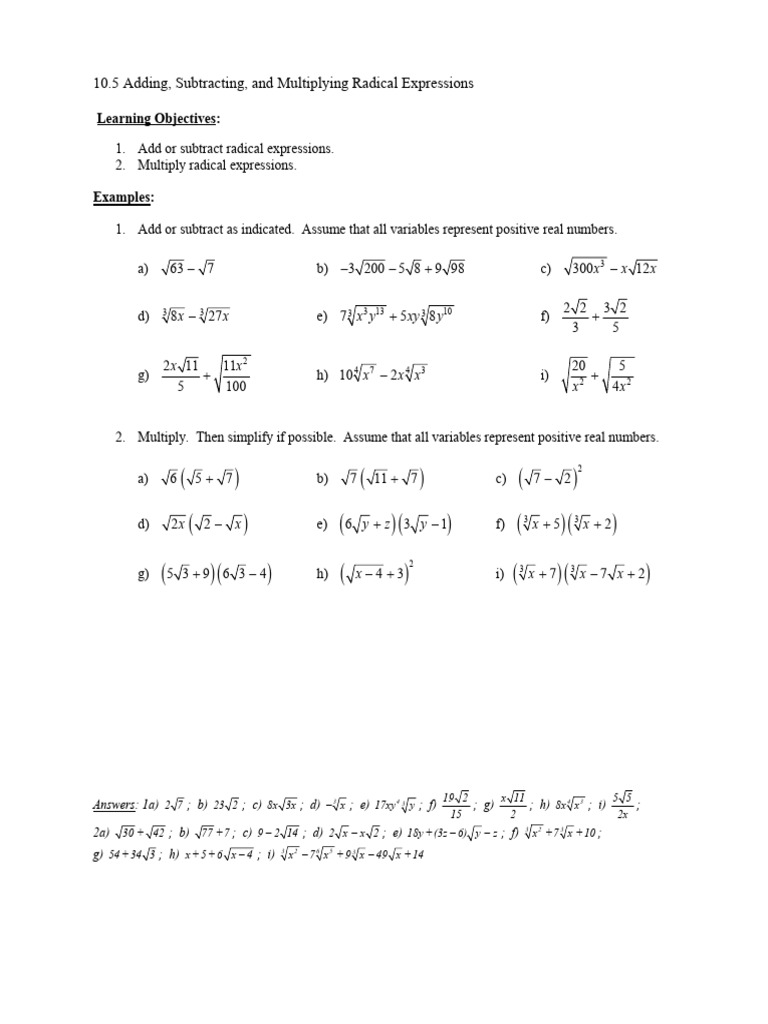 Add - Subtract and Divide Radical Expressions | PDF | Mathematical ...