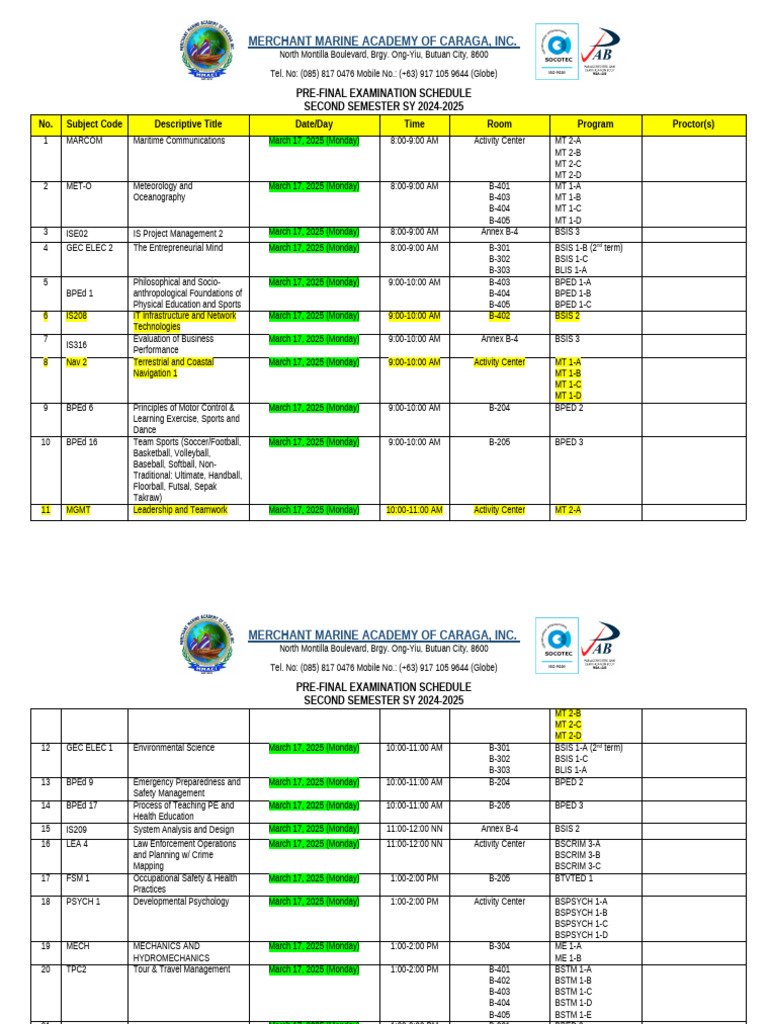 EXAM SCHED PRE FINAL AutoRecovered | PDF