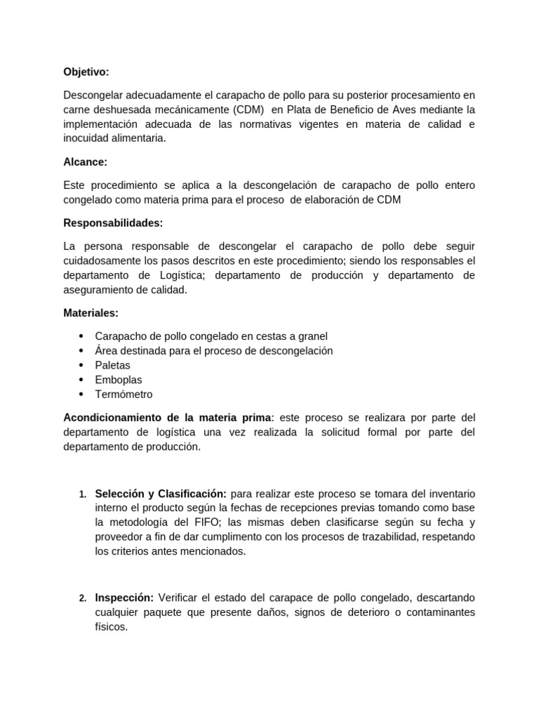 Propuesta de Procedimiento de descongelacion de Carapacho de Pollo | PDF