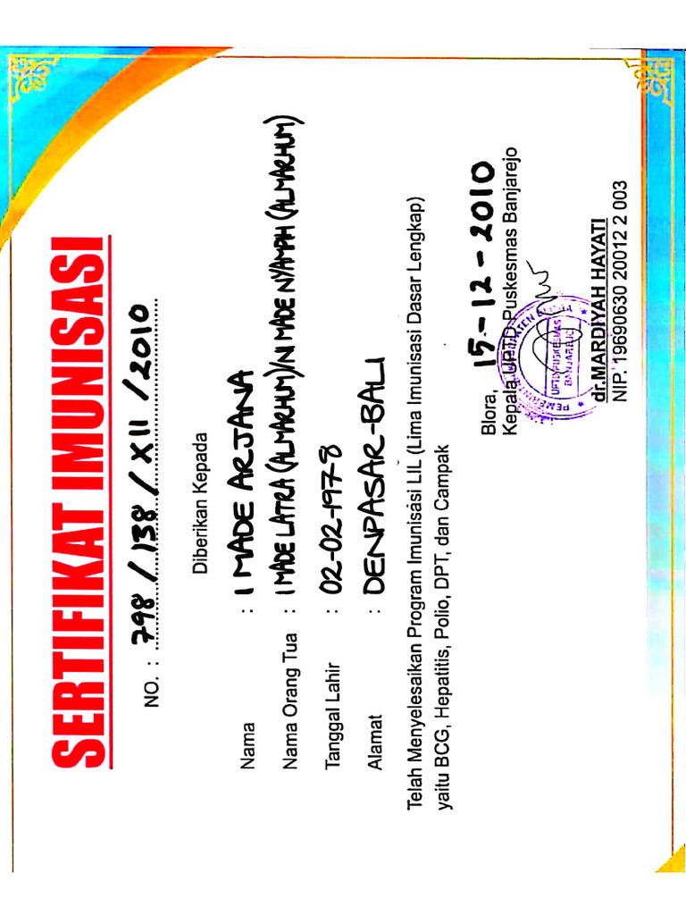 Sertifikat Vaksin - I Made Arjana | PDF